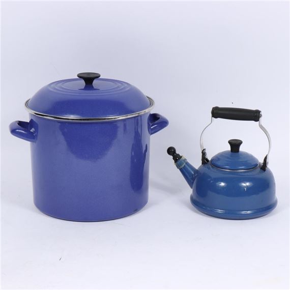 Stock | Vintage Le Creuset enameled blue stock pot and teapot 13H x ...