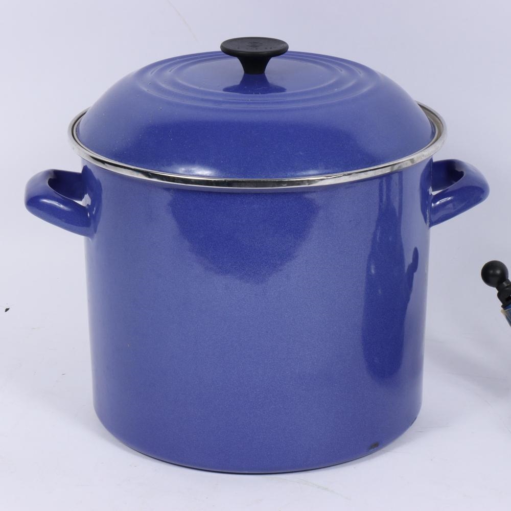Stock | Vintage Le Creuset enameled blue stock pot and teapot 13H x ...