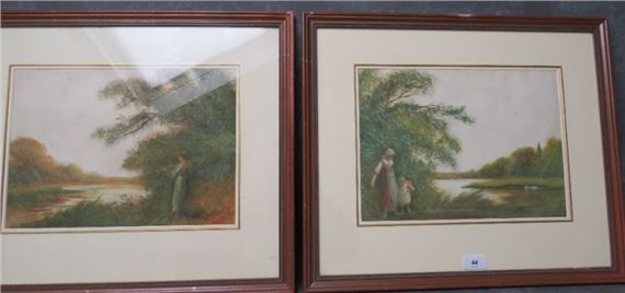 Frederick Hines | A pair of wooded river landscapes with figures ...