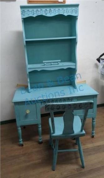 Hutch | Blue Wooden Desk with Hutch and Chair Set | MutualArt
