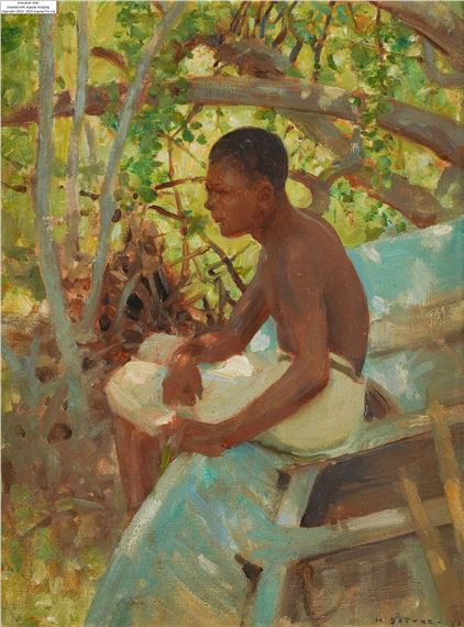 Henry Scott Tuke | Samwell sitting on a blue dug-out (1924) | MutualArt