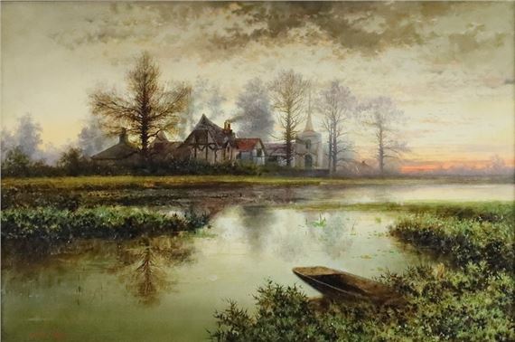 Arthur H. Cole | Flusslandschaft mit Dorfhäusern beim Sonnenuntergang ...
