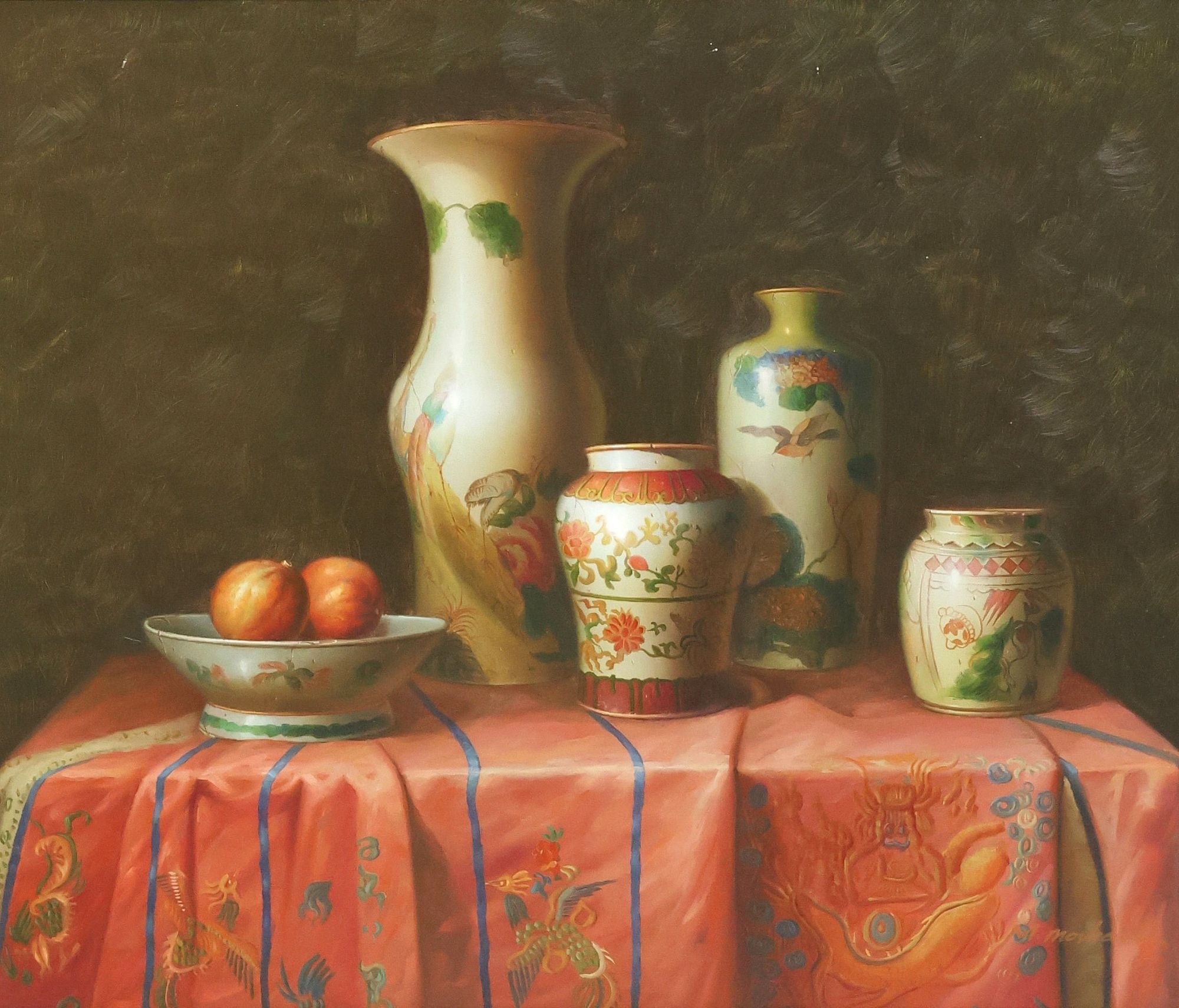 M Moshall | Still Life with Chinese Vases on a Table | MutualArt