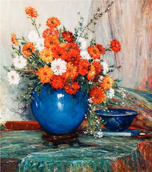 Cullen Yates | Still Life of Dahlias in a Blue Vase | MutualArt