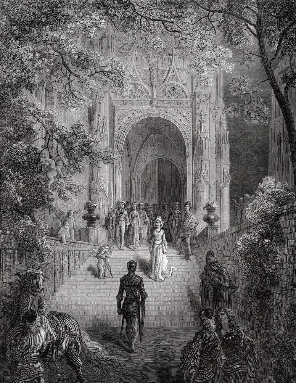 Gustave Doré | SIGNED DORE 1800s Woodcut Ruggiero Arrives at the Court ...