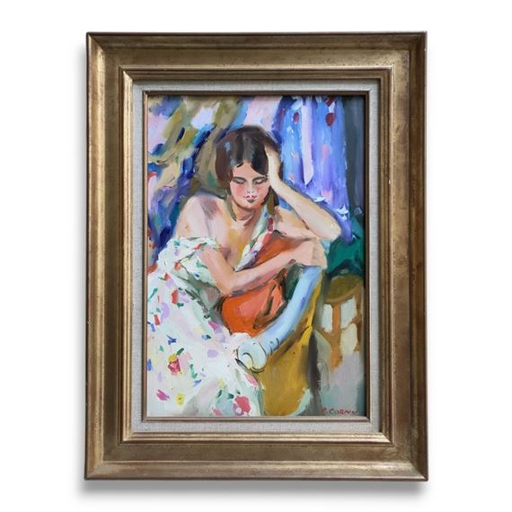 Pierre Cornu | Portrait de dame au canapé jaune | MutualArt