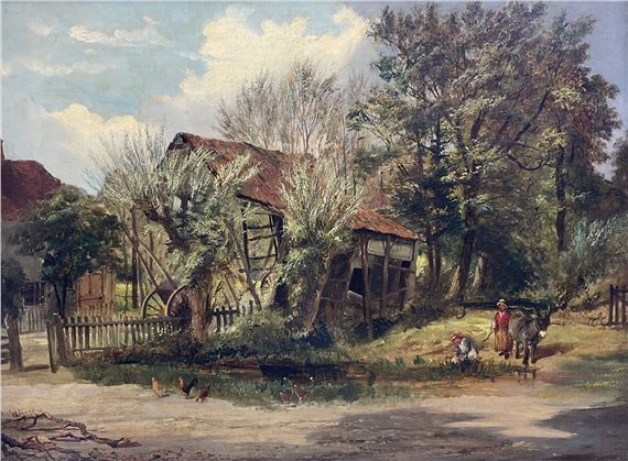 W. Allen | Farmstead with Figures Donkey and Hens | MutualArt