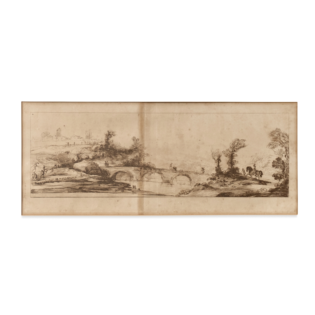 James Basire | Landscape with bridge and a knight (Circa 1765) | MutualArt