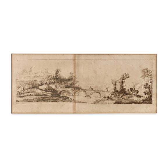 James Basire | Landscape with bridge and a knight (Circa 1765) | MutualArt