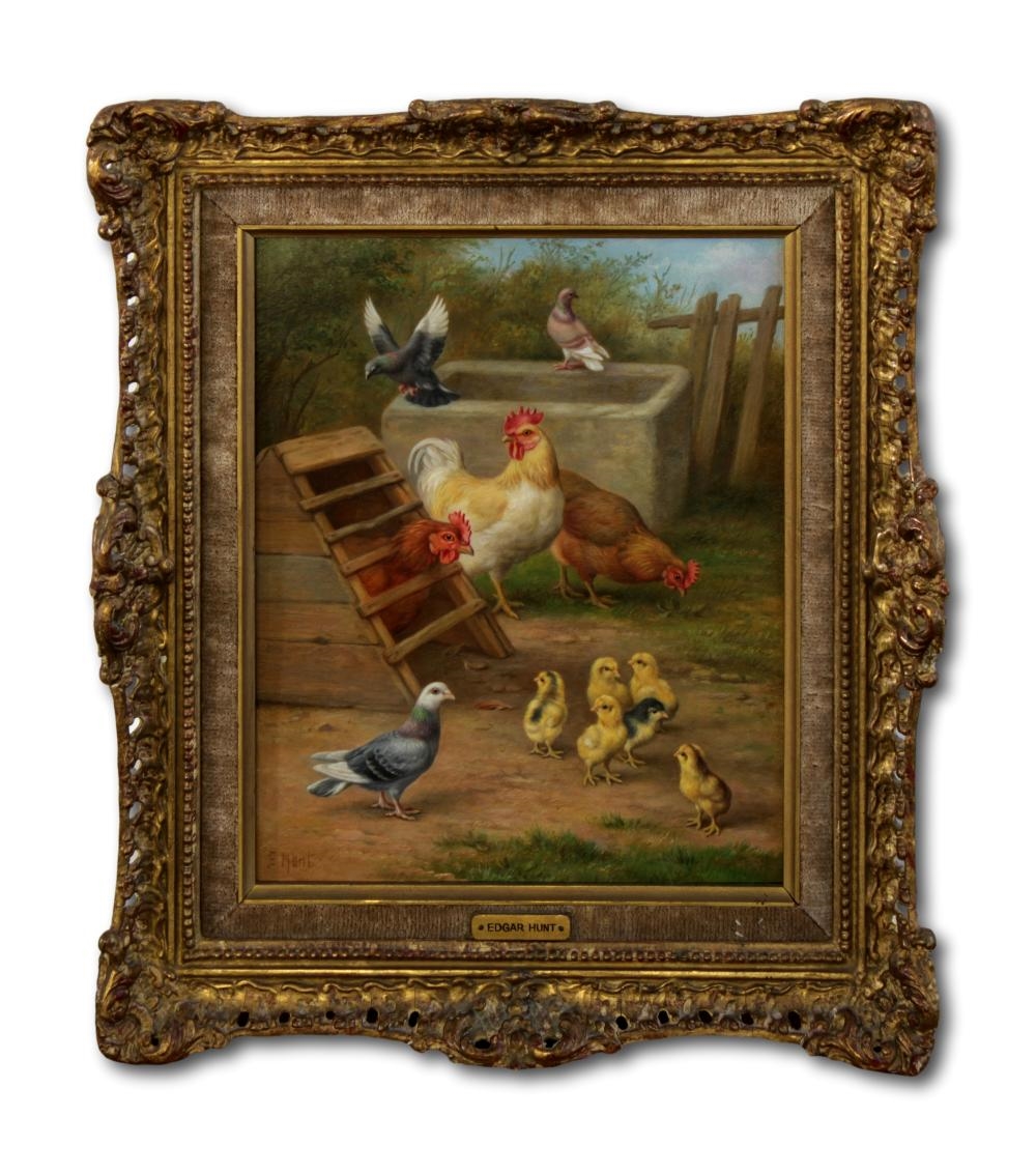 Edgar Hunt | Chickens and Pigeons in a Barnyard Chicks, Chickens and ...