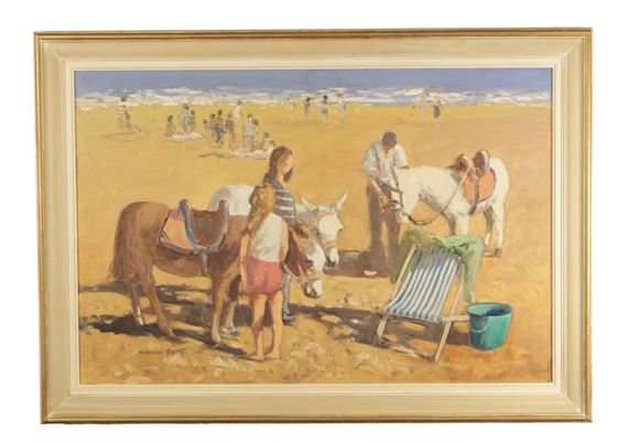 William Gaunt | 2001) A 20TH CENTURY OIL ON BOARD DONKEYS AND CHILDREN PLAYING ON A BEACH (20th ...