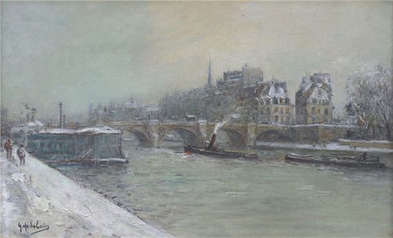 Gustave Madelain | Gustave Madelain 1867-1944 Tugboat and barge on the Seine at the Pont Henri ...