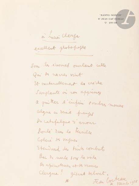 Jean Cocteau | Autograph poem, to Lucien Clergue excellent photographer ...