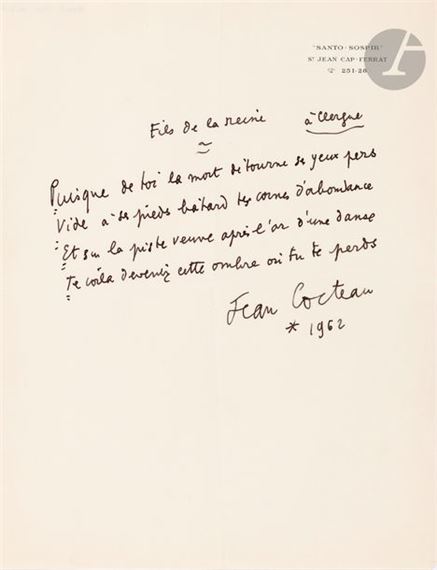 Jean Cocteau | Autograph poem, Fils de la reine (1962) | MutualArt
