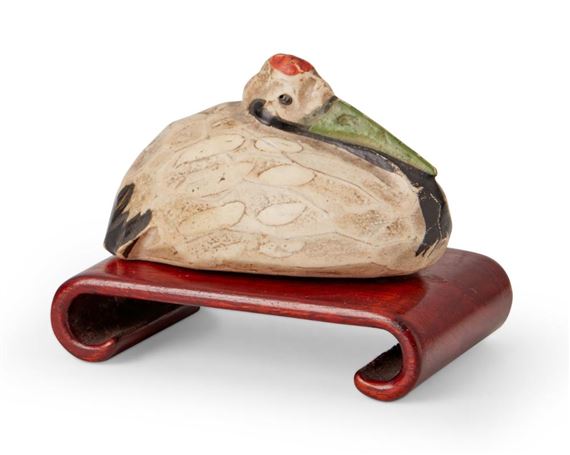 Japanese School | A Japanese polychrome carved wood crane netsuke ...