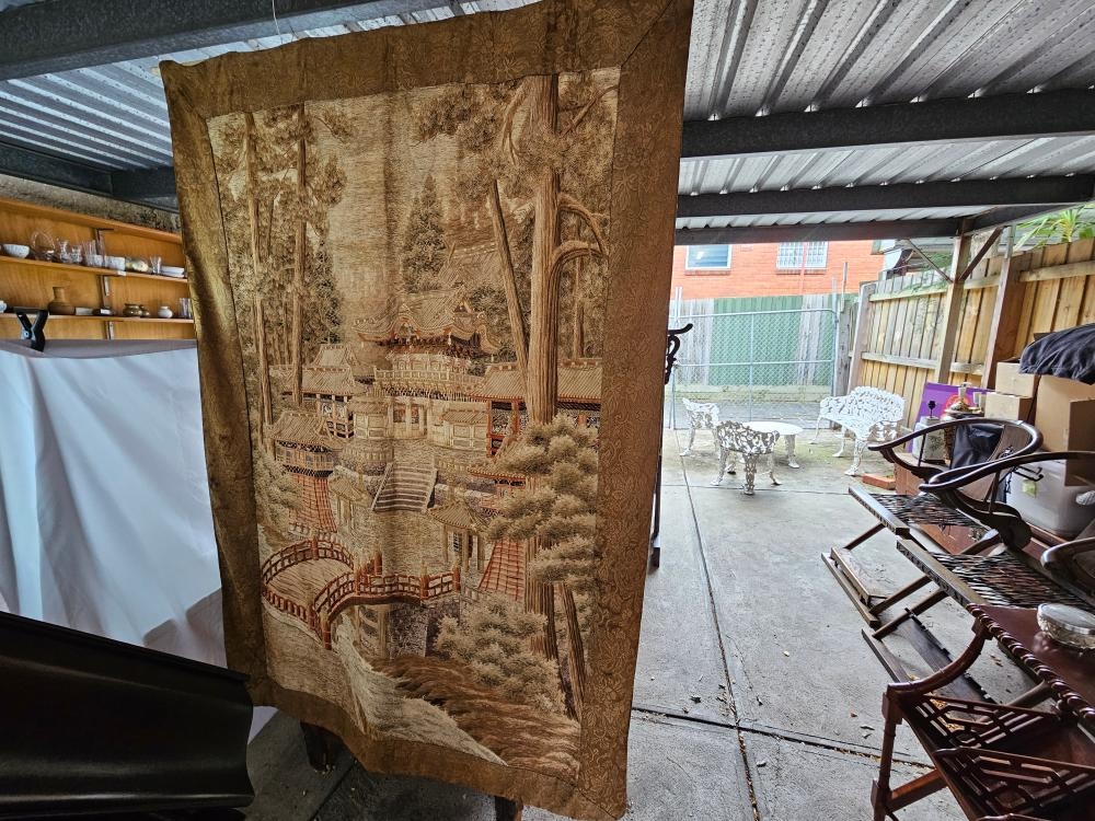 Brook | Antique silk tapestry depicting temple with bridge | MutualArt