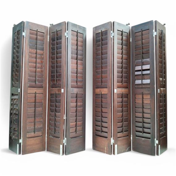 Louvre | 2 X MAHOGANY TONED LOUVRE DESIGN 4 PANEL CANADIAN SHUTTERS ...