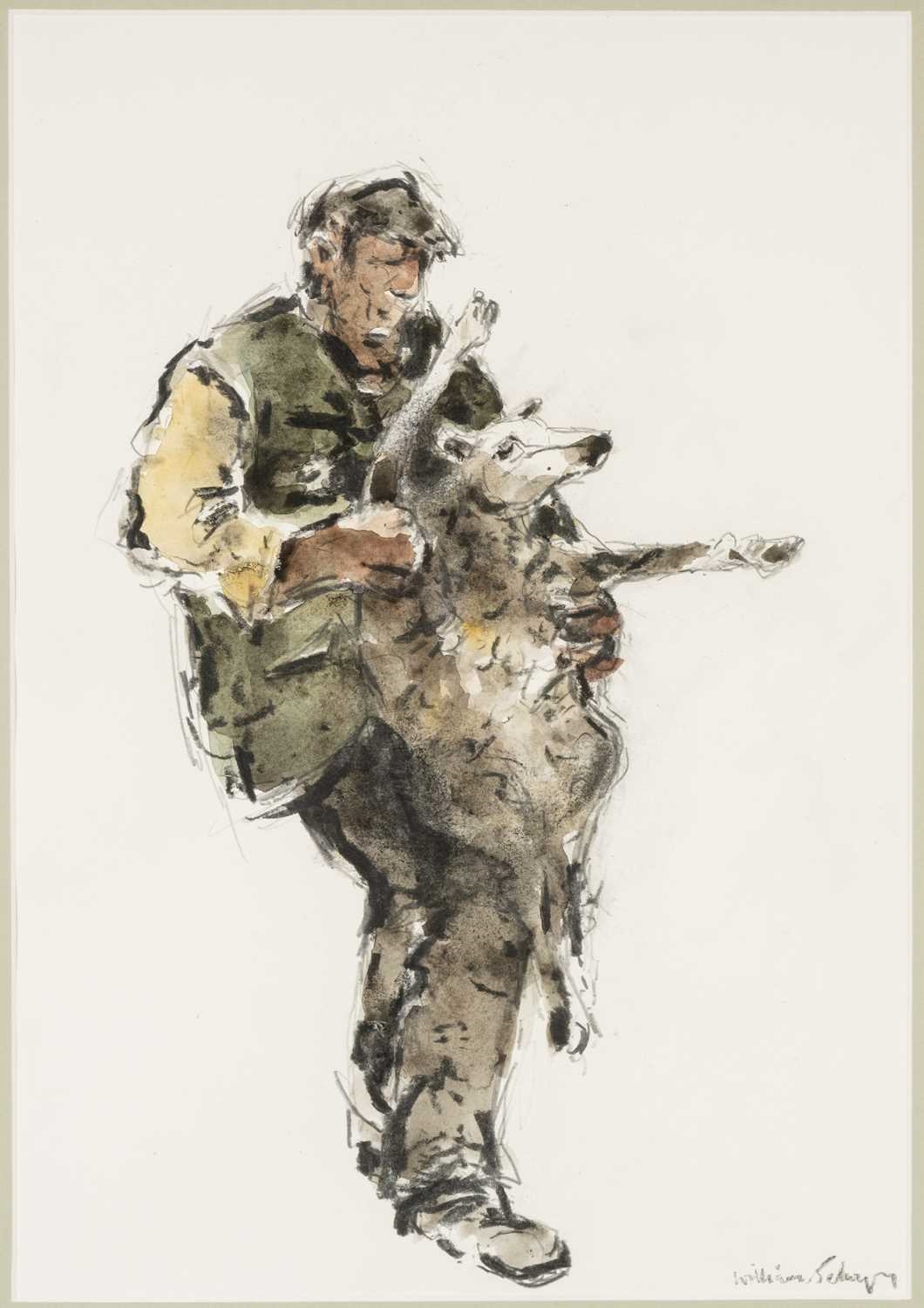 William Selwyn | shepherd wrestling with sheep pre-shear | MutualArt