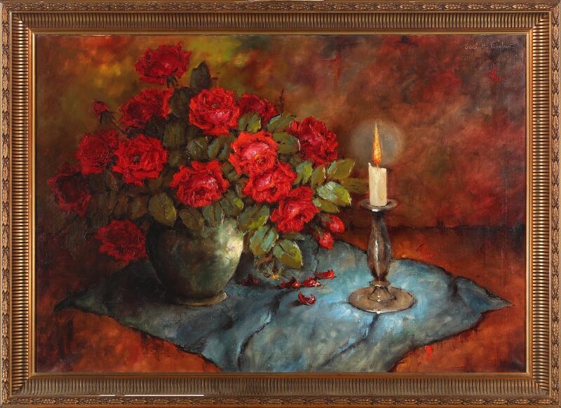 Carl Holger Fischer | Still life with roses and candle light | MutualArt