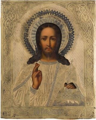 Cyrillic | KLEINE IKONE MIT CHRISTUS PANTOKRATOR MIT VERMEIL-OKLAD (Circa 1883) | MutualArt
