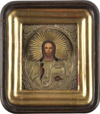 Russian School, 19th Century | KLEINE IKONE MIT CHRISTUS PANTOKRATOR MIT OKLAD IM KIOT | MutualArt