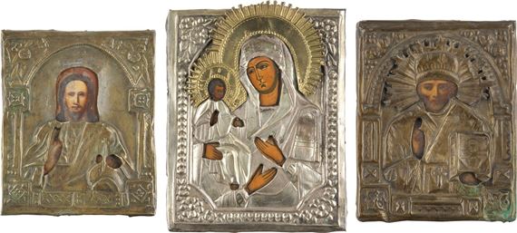 Central Russian School, 19th Century | DREI KLEINE IKONEN MIT OKLAD: CHRISTUS PANTOKRATOR ...