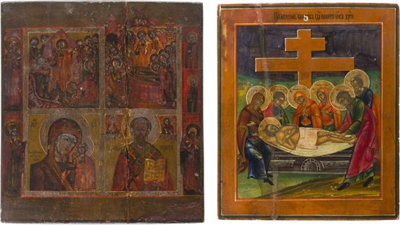 Central Russian School, 19th Century | ZWEI IKONEN: GRABLEGUNG CHRISTI UND VIERFELDER-IKONE ...