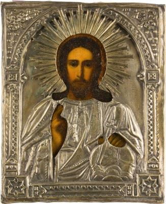 Russian School, 19th Century | KLEINE IKONE MIT CHRISTUS PANTOKRATOR MIT OKLAD | MutualArt