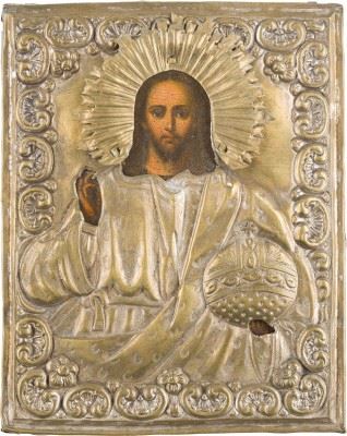 Russian School, 19th Century | KLEINE IKONE MIT CHRISTUS PANTOKRATOR MIT OKLAD | MutualArt