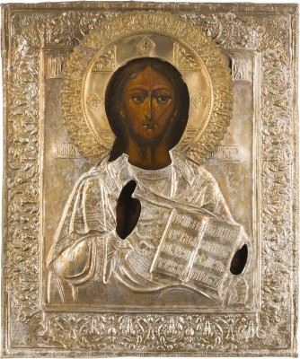 Central Russian School, 19th Century | IKONE MIT CHRISTUS PANTOKRATOR MIT OKLAD | MutualArt