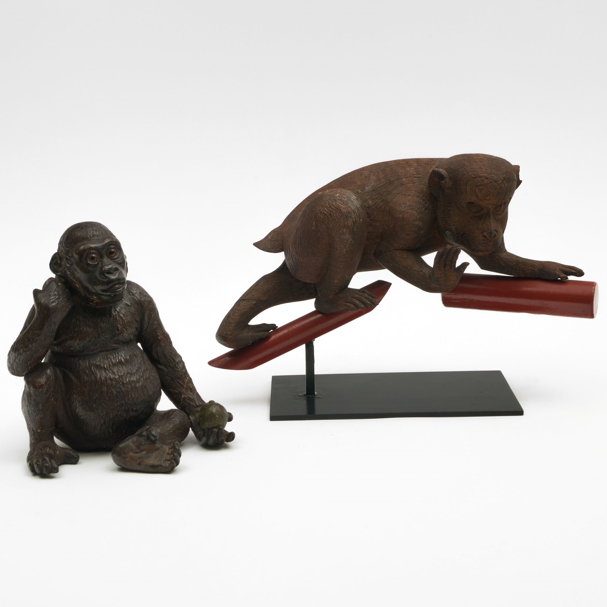 Monkey | Japanese Carved Wood Model of Monkeys and a Pottery Model of a ...