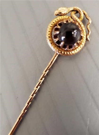 Stick | Tested 14k gold snake motif stick pin w/ garnet | MutualArt