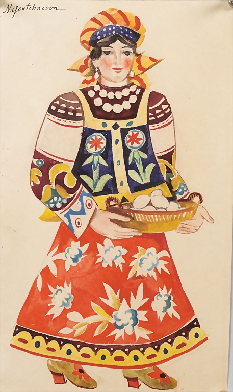 Natalia Goncharova | Woman in colorful costume with egg basket | MutualArt