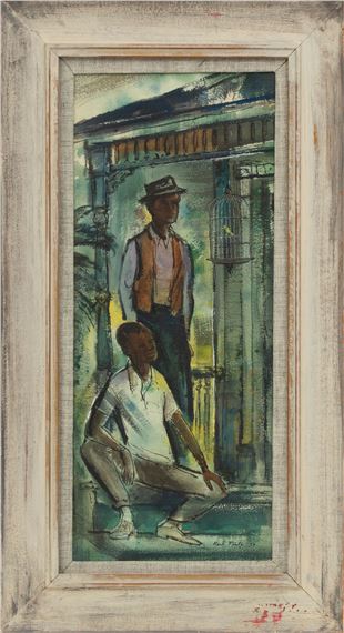 Karl Firth | Depicting two men on a porch with a bird in a cage | MutualArt
