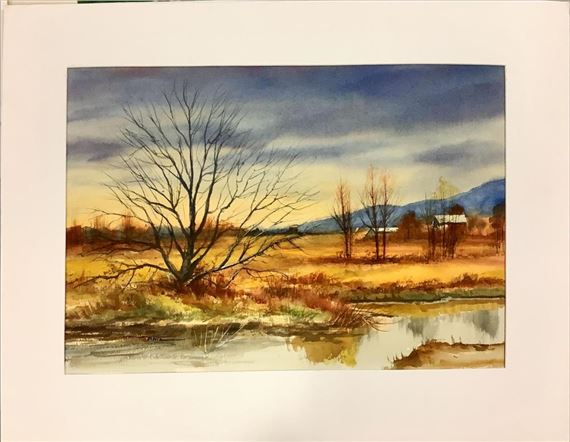 James Devore | Watercolor by James DeVore of Golden Field by a Stream Painting measures 22” x 14 ...