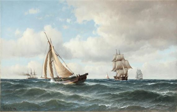 Carl Ludwig Bille | Seascape with sailing ships in fresh wind (1880 ...