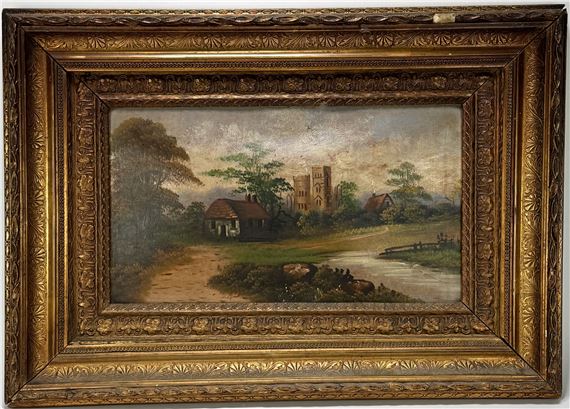 Anoniem | Schilderij met dorpsgezicht met twee huizen en ruïne (20 ...