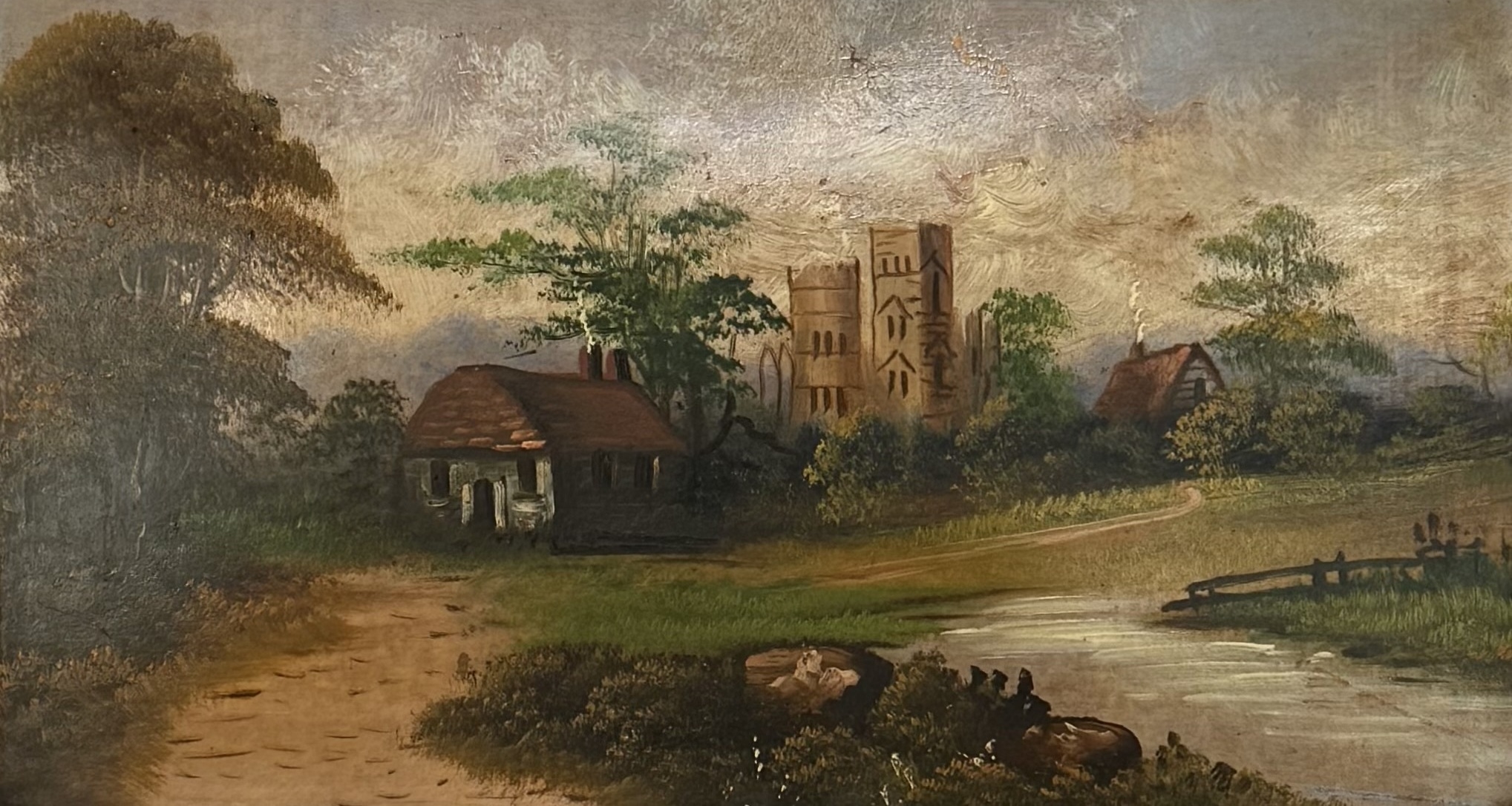 Anoniem | Schilderij met dorpsgezicht met twee huizen en ruïne (20 ...