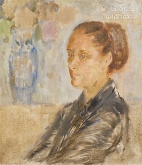 P. Khemraj | Indian school Bust of a woman with a vase of flowers (1967 ...