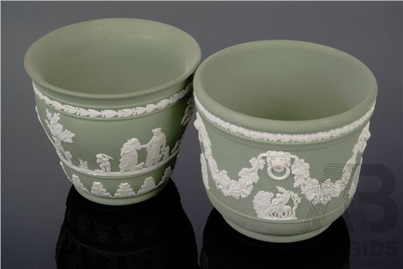 Wedgwood | Two Vintage Wedgwood Jasperware Jardinieres in Unusual Sage Green with Classical ...