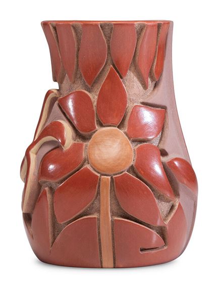 Linda Cain | Red and Sienna Carved Pottery Vase | MutualArt