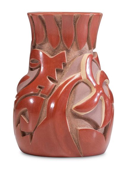 Linda Cain | Red and Sienna Carved Pottery Vase | MutualArt