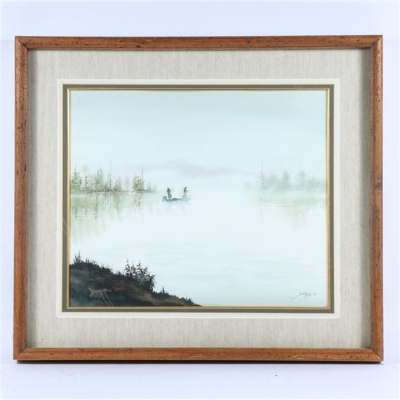 Neil Boyle | misty lake landscape with fishing boat (1995) | MutualArt