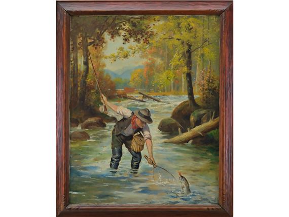 Oliver Kemp | Fly fisherman netting a trout | MutualArt