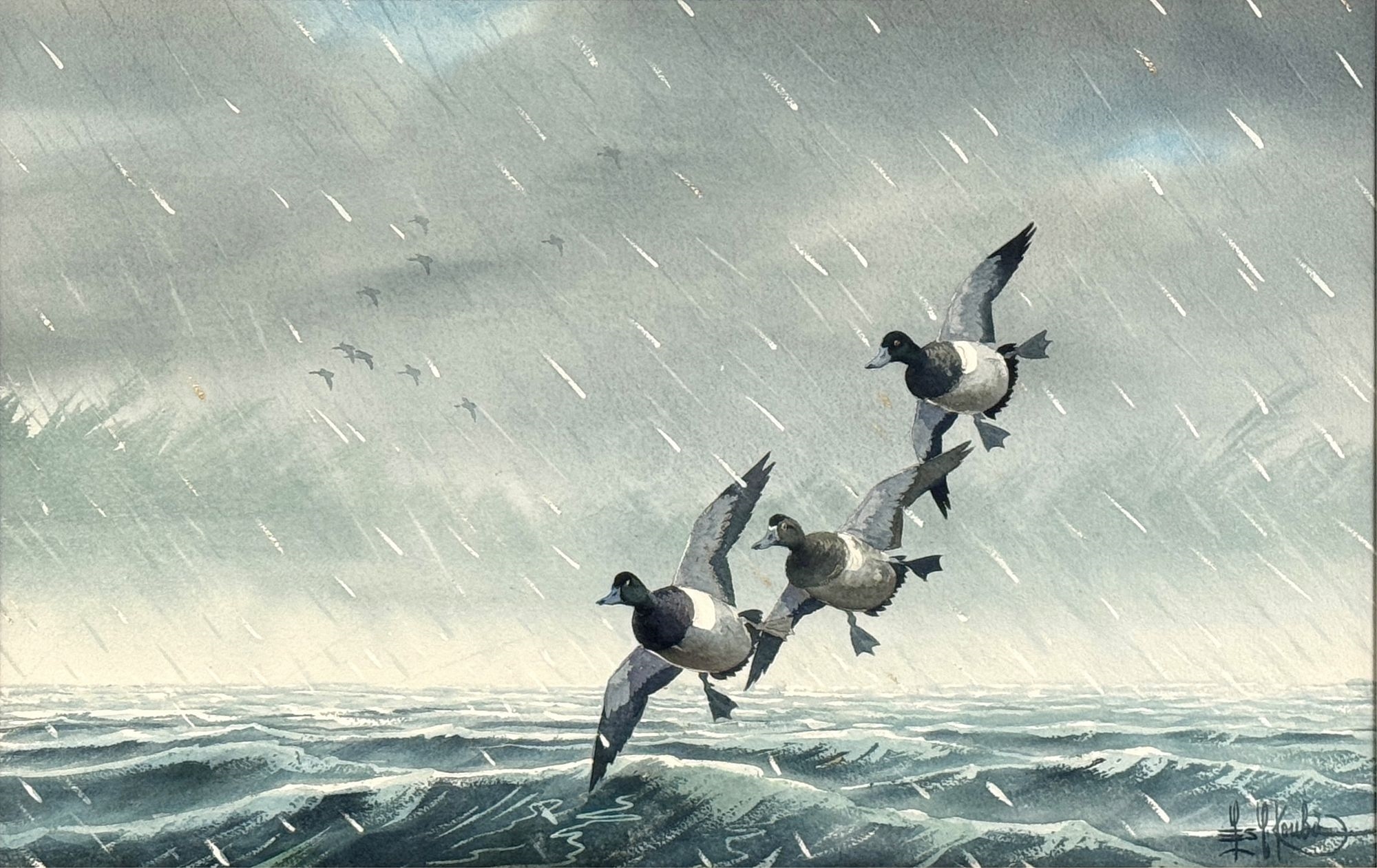 Les Kouba | Les Kouba Blue Bills In Heavy Snow Watercolor | MutualArt