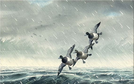 Les Kouba | Les Kouba Blue Bills In Heavy Snow Watercolor | MutualArt