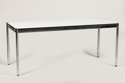 Fritz Haller | Three office tables with white laminate tops on four ...