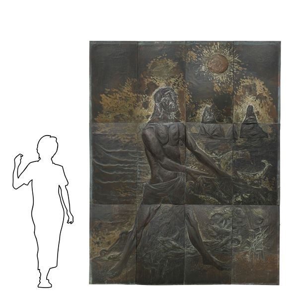 Sebastiano Milluzzo | Large brass plate panel depicting Fisherman in ...