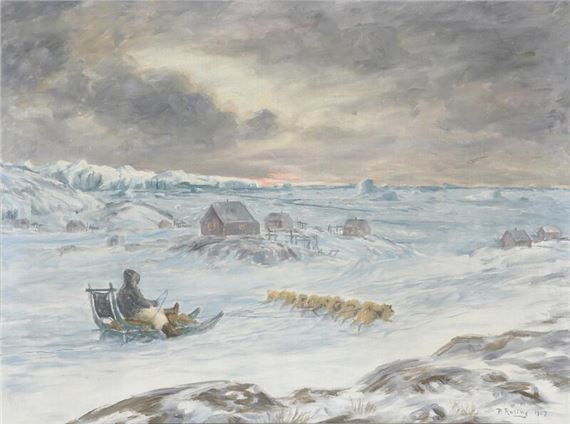 Peter Rosing | View from a Greenlandic village with a man on a dog sled ...