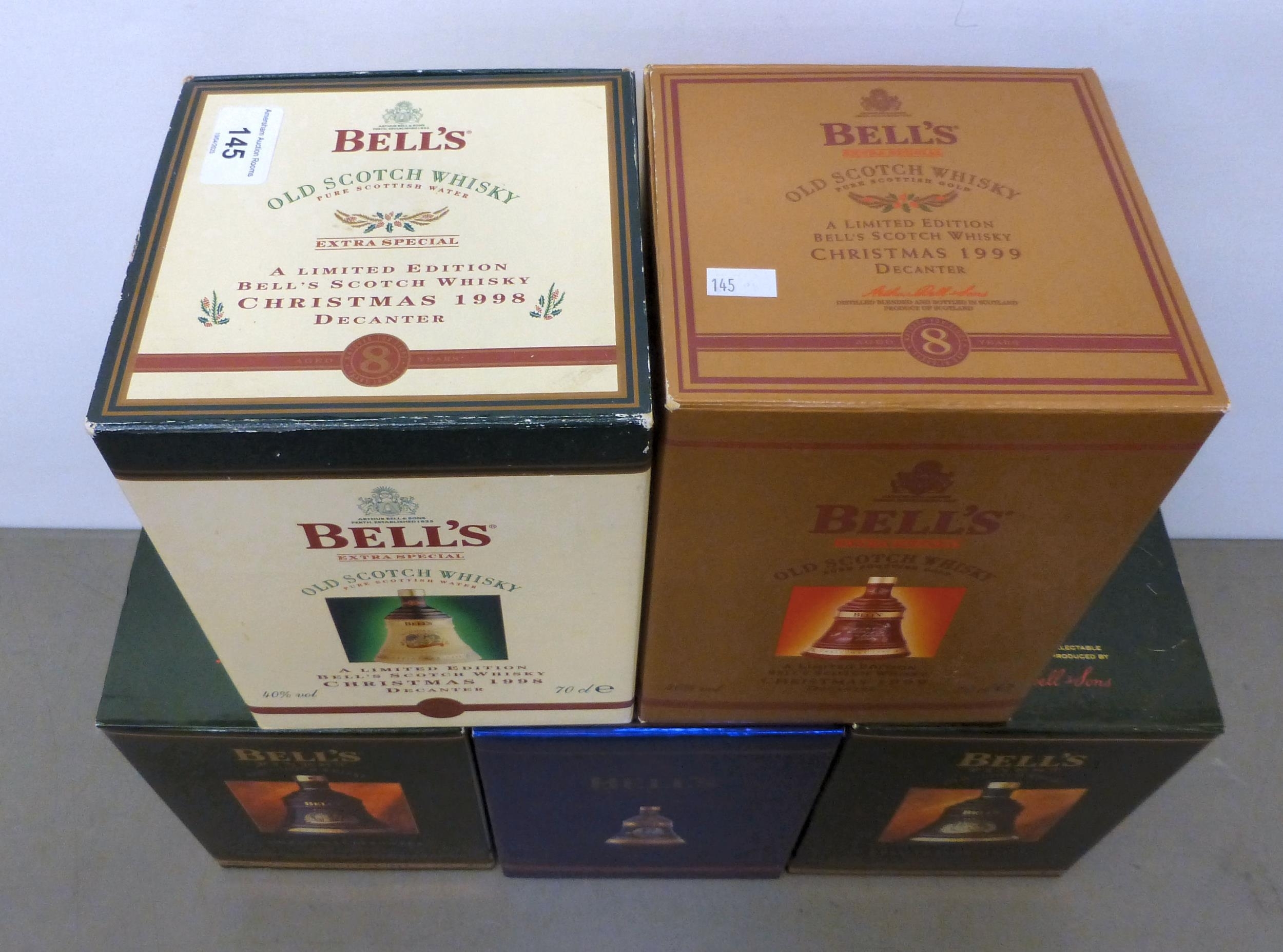 Scotch | Five unopened Bells Scotch whisky decanters boxed | MutualArt